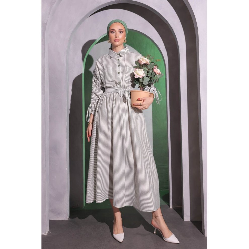 Elegant Stripe Long-Sleeve Maxi Dress with Waist Tie and Button Details ...