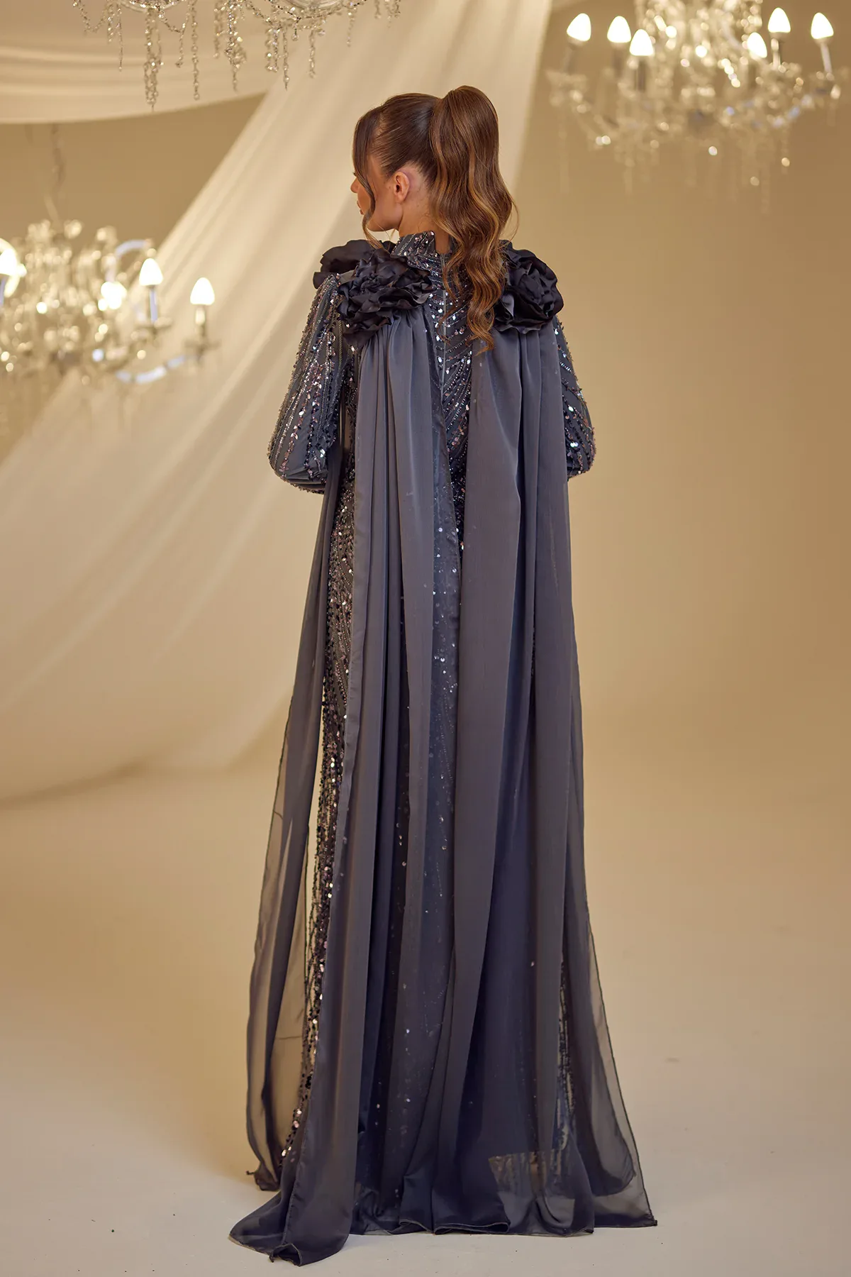Embroidered Gown with Floral Cape Detail – Modest Luxury Evening Dress ...