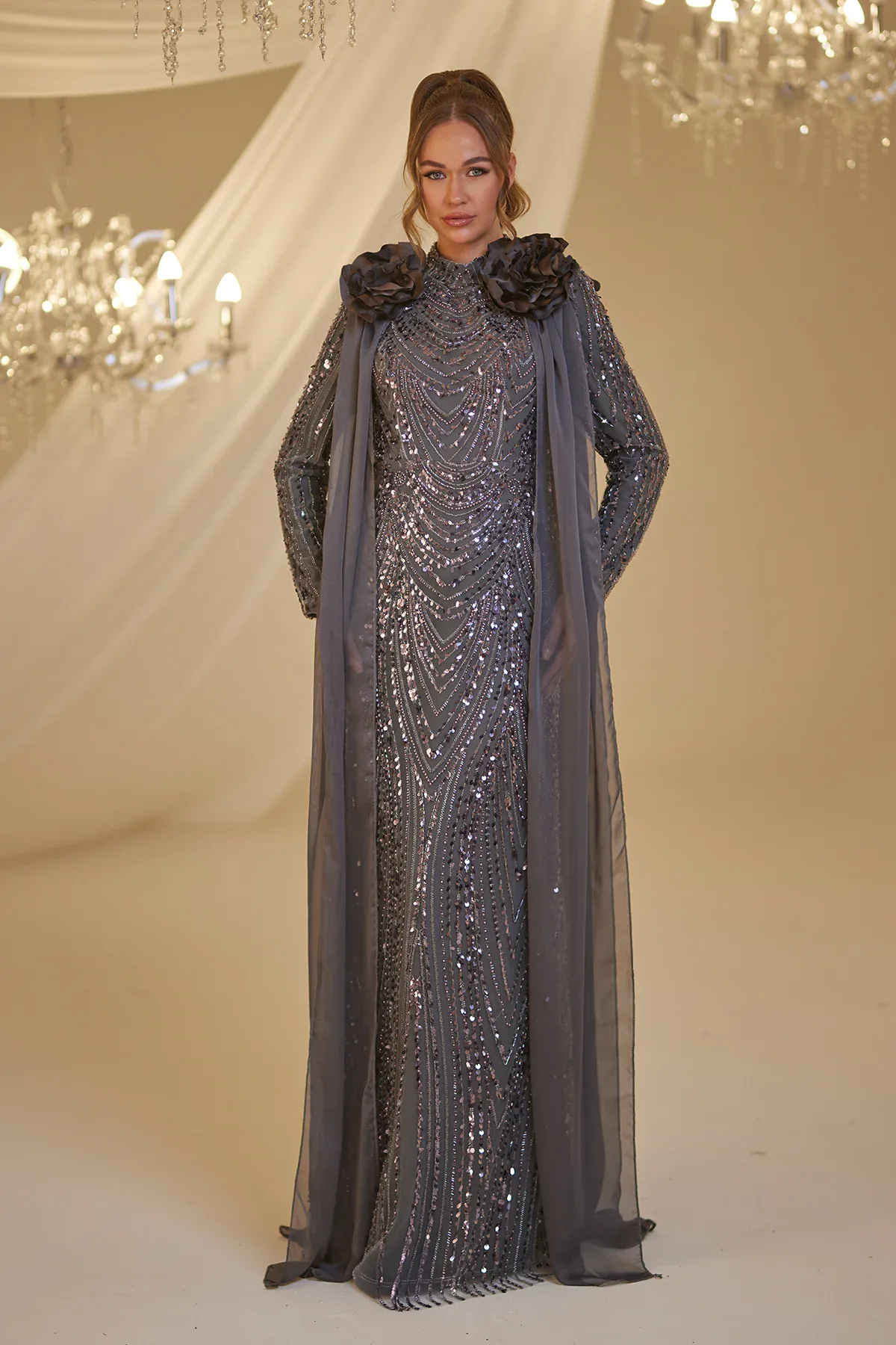 Embroidered Gown with Floral Cape Detail – Modest Luxury Evening Dress ...