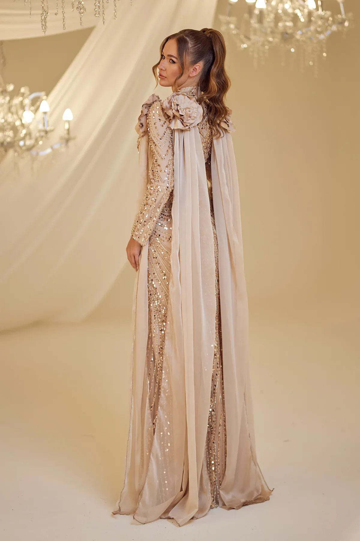 Embroidered Gown with Floral Cape Detail – Modest Luxury Evening Dress ...