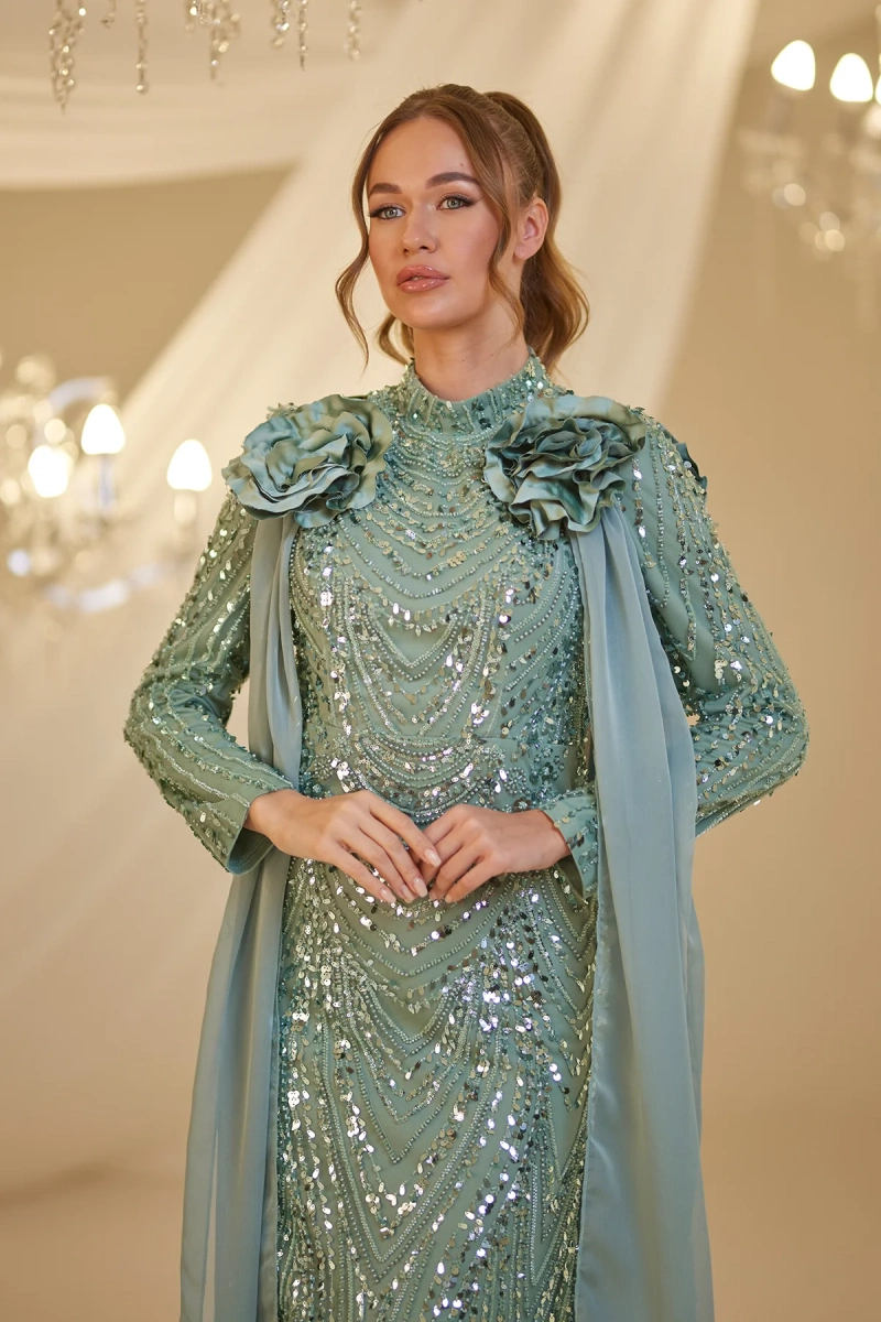 Embroidered Gown with Floral Cape Detail – Modest Luxury Evening Dress ...