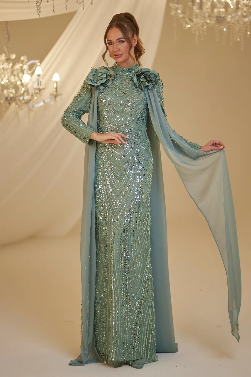 Embroidered Gown with Floral Cape Detail – Modest Luxury Evening Dress ...