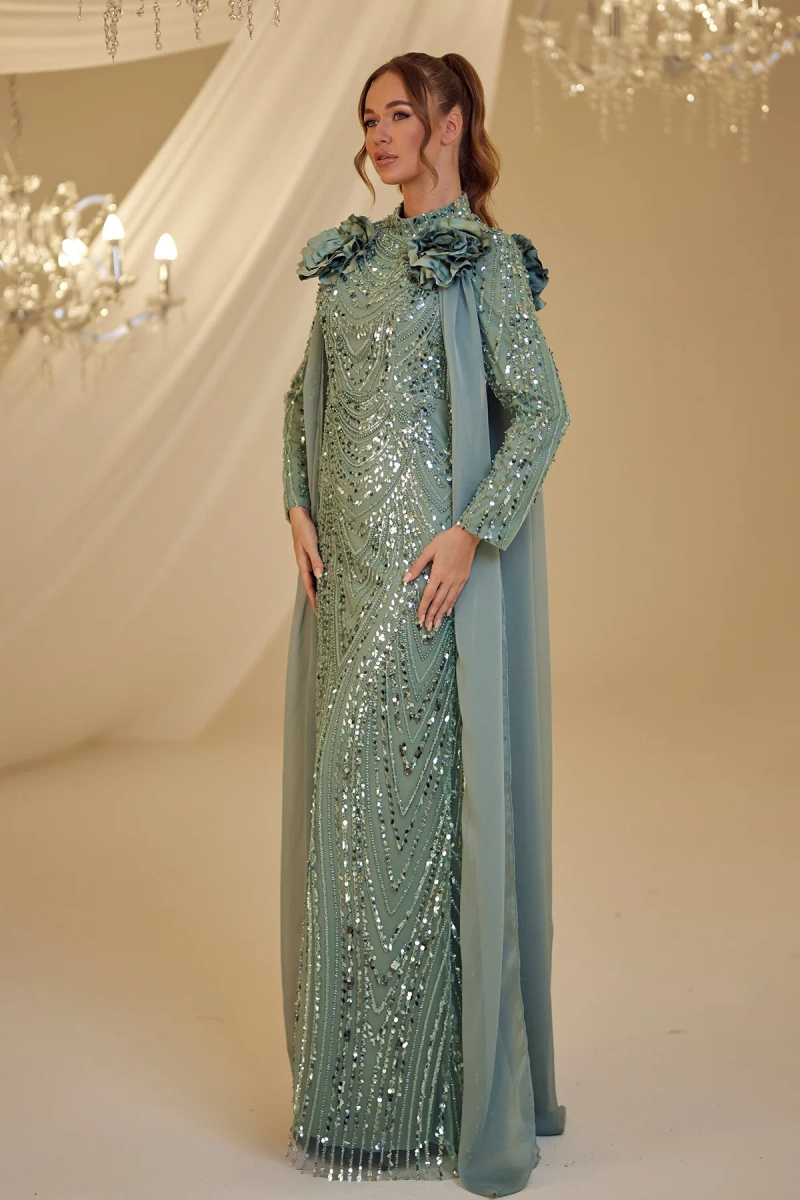 Embroidered Gown with Floral Cape Detail – Modest Luxury Evening Dress ...