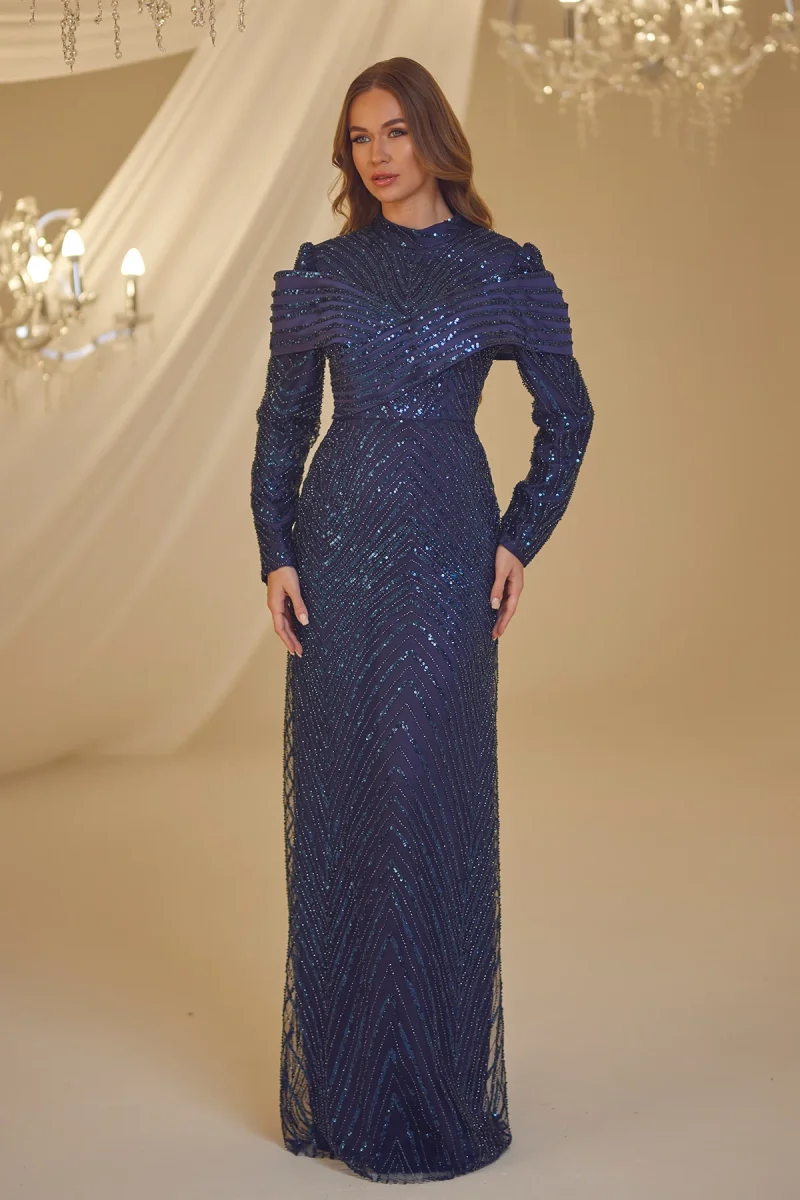 Layered Draped Sequin Gown – Modest Elegant Evening Dress - Dark Indigo ...