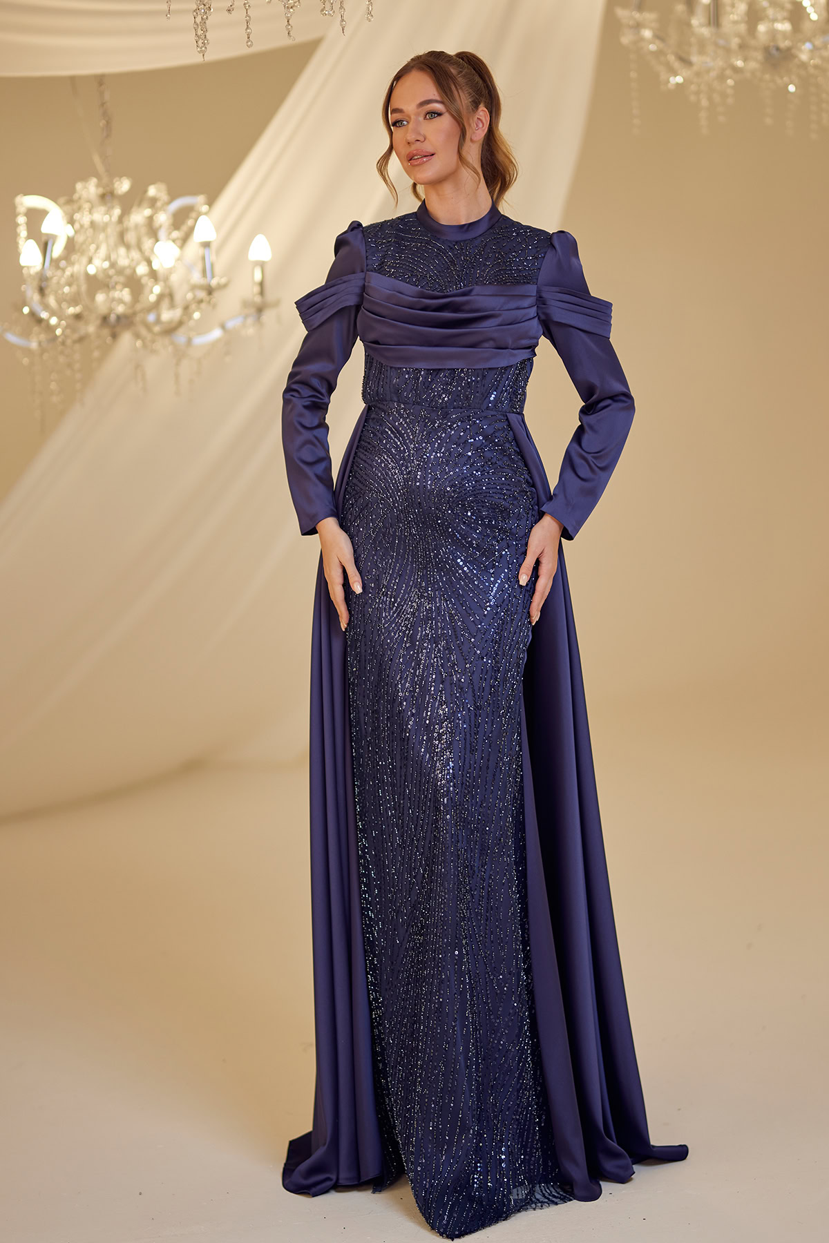 Embellished Satin Panel Gown – Modest Long Sleeve Evening Dress - 2025 ...