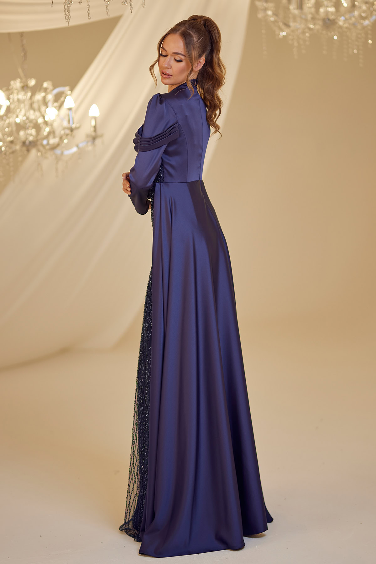 Embellished Satin Panel Gown – Modest Long Sleeve Evening Dress - 2025 ...