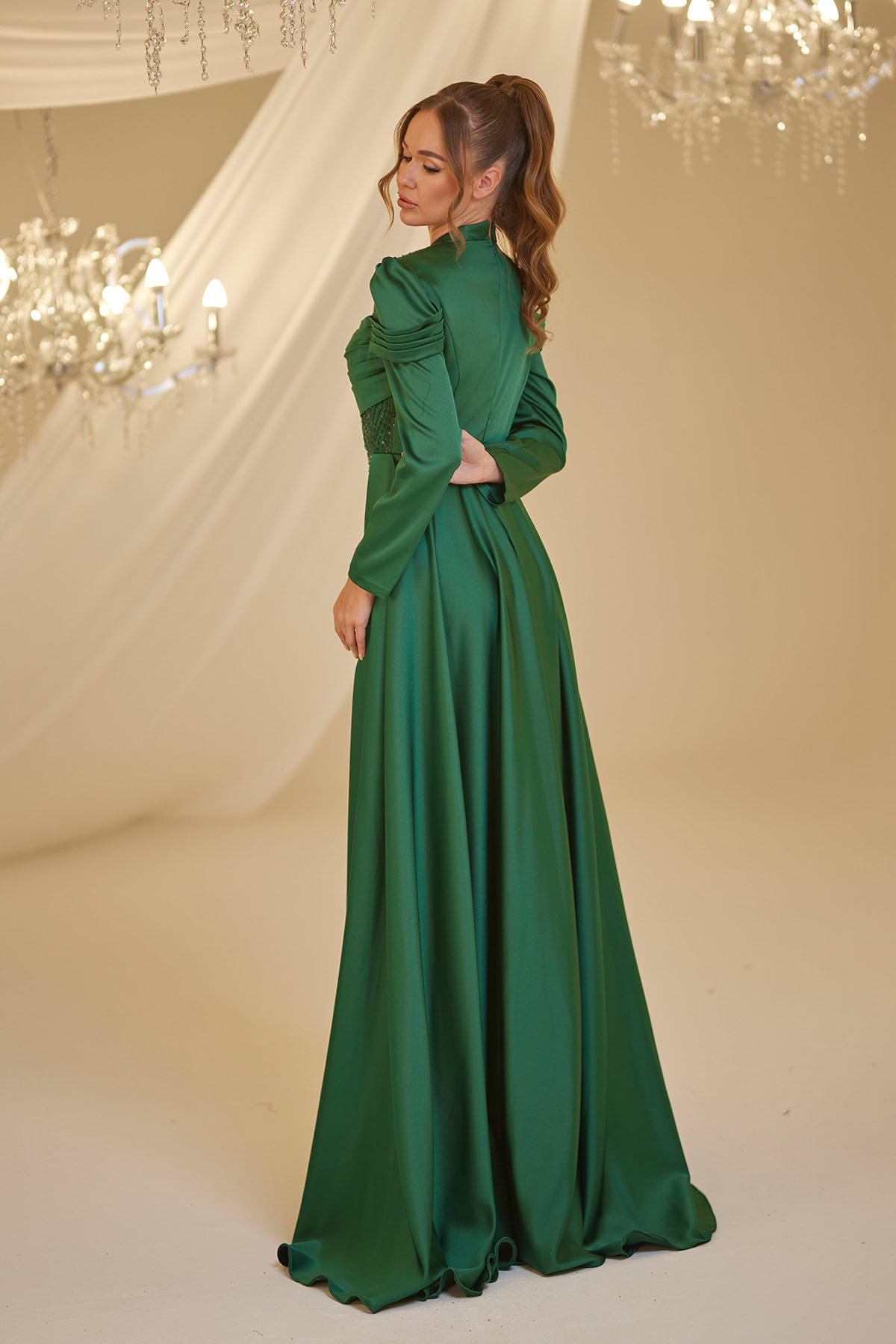 Embellished Satin Panel Gown – Modest Long Sleeve Evening Dress - 2025 ...